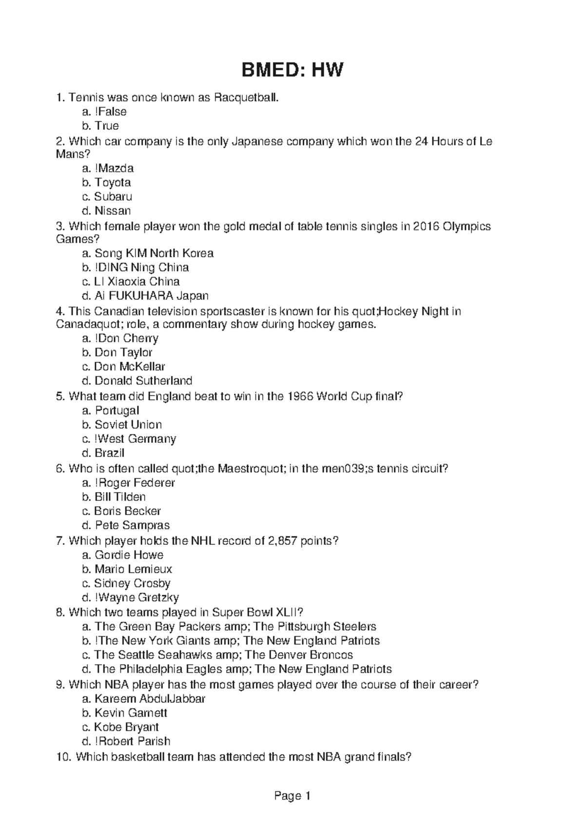 BMED173: Chapter 3 Quiz on Sports and Geography Facts - Studocu