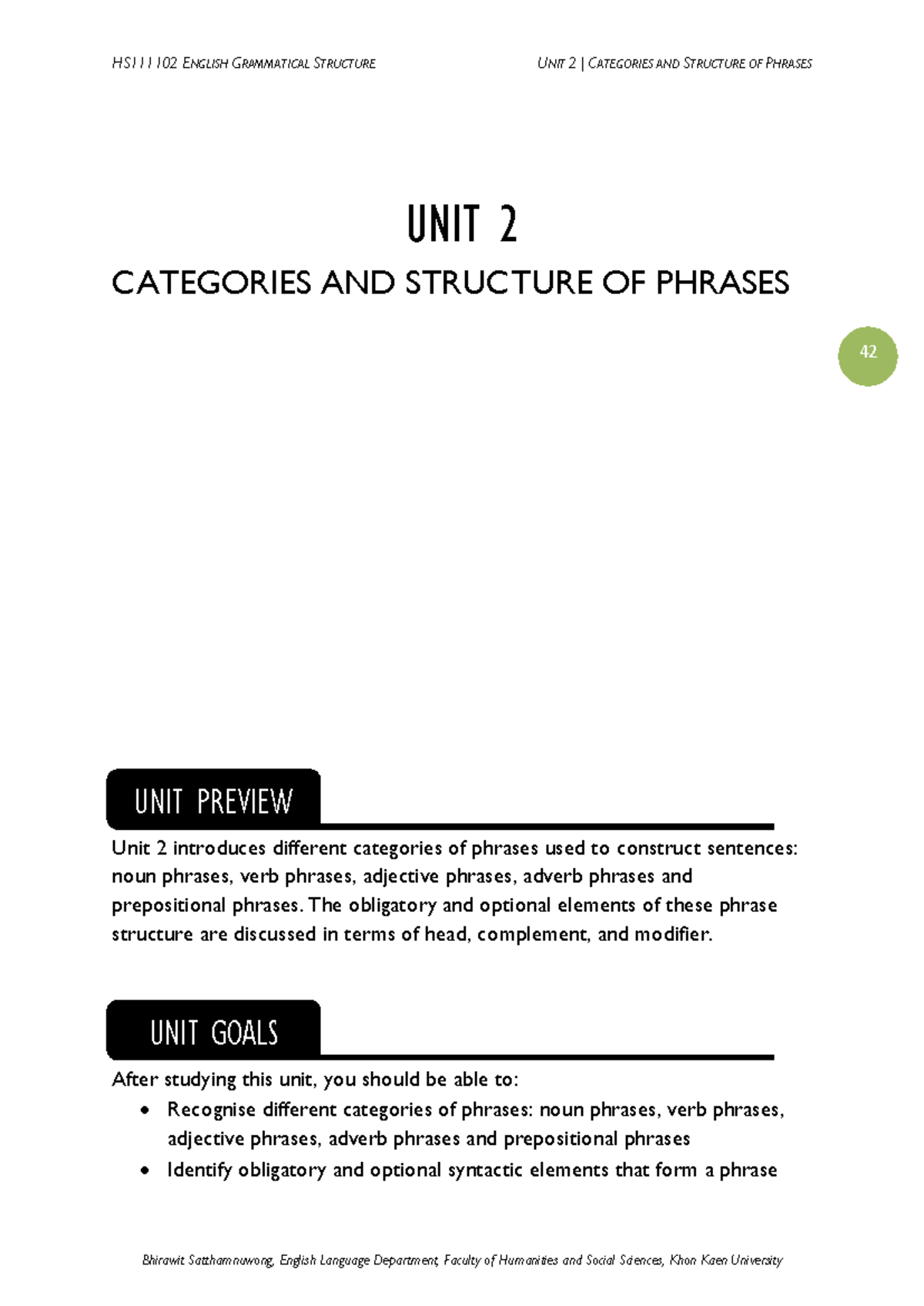 ENGLISH GRAMMATICAL STRUCTURE UNIT 2: PHRASES CATEGORIES & STRUCTURE ...