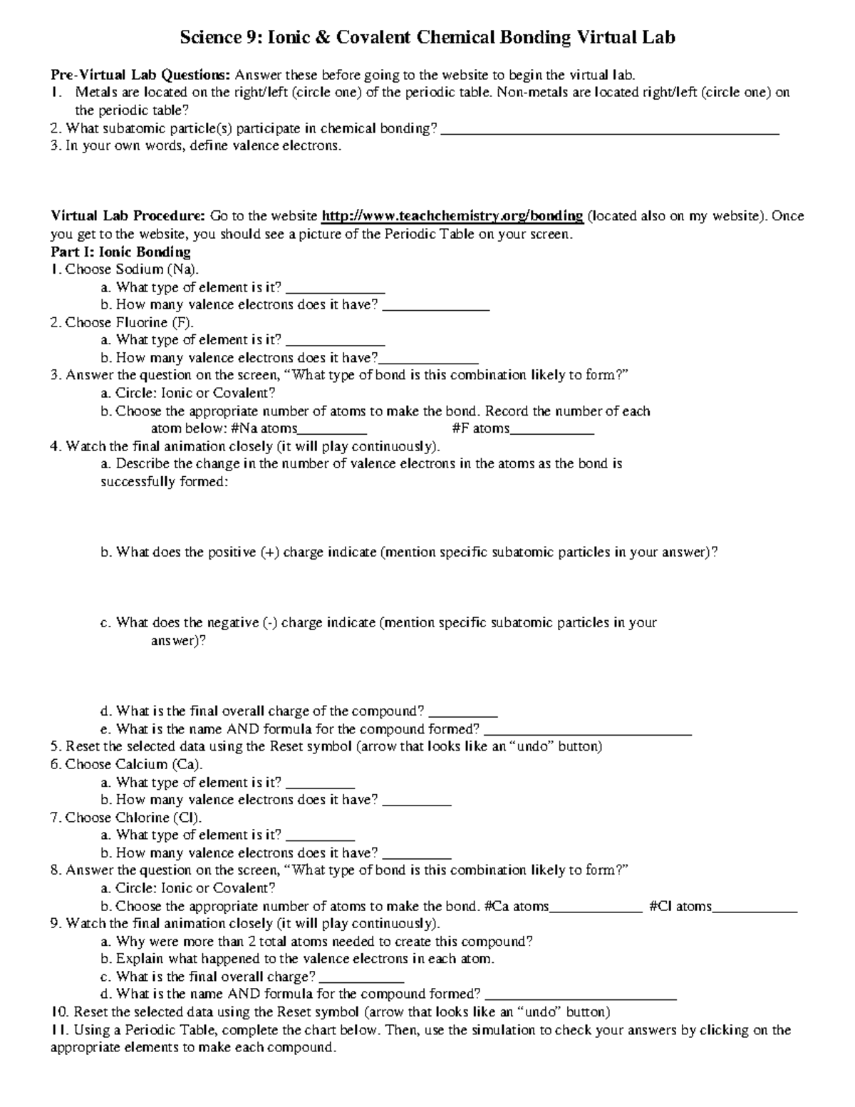 Science 9: Ionic & Covalent Bonding Virtual Lab Guide - Studocu
