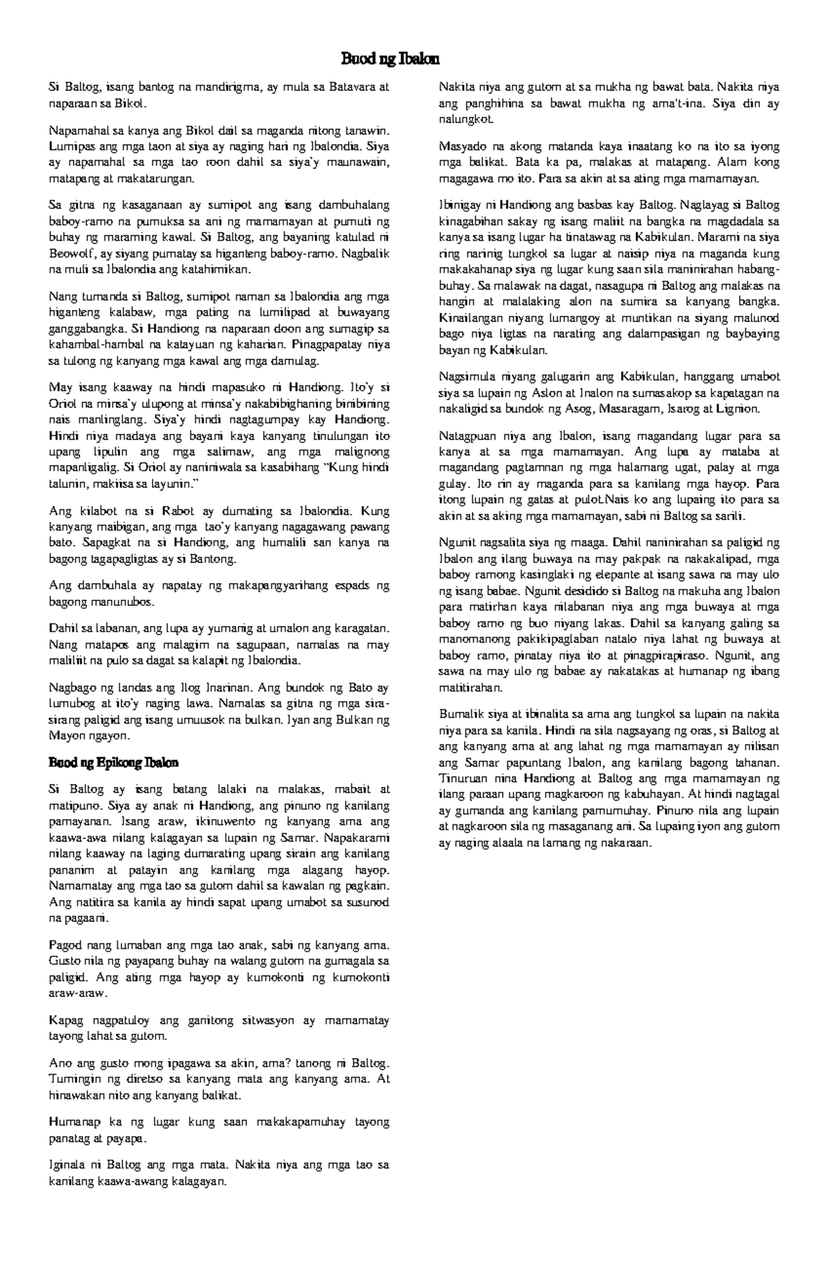 Buod ng Epikong Ibalon: Kwento ni Baltog at ang Ibalondia - Studocu