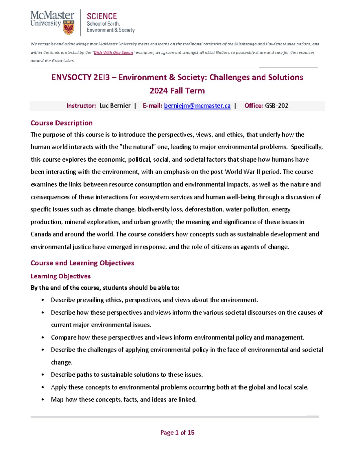 ENVSOCTY 2EI3 - Environment & Society Course Outline for Fall 2024 ...