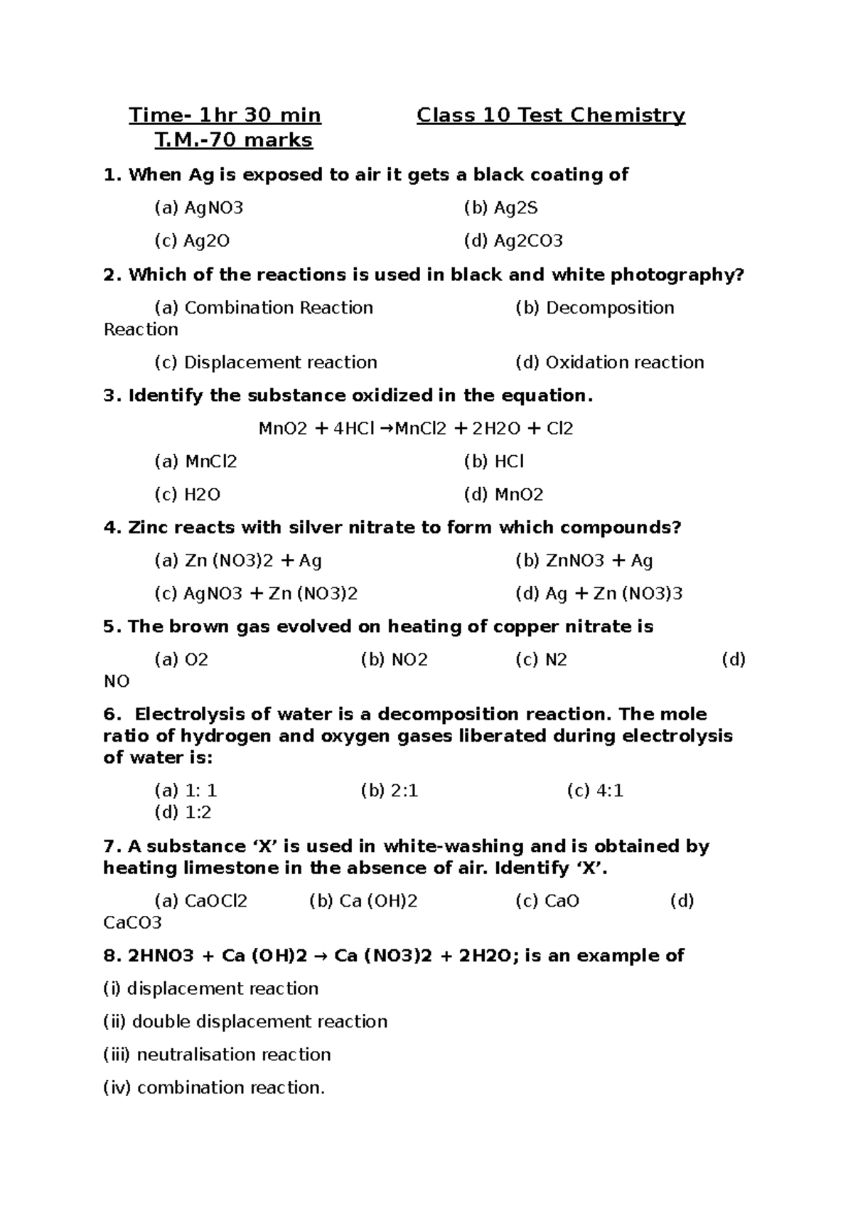 Class 10 Chemistry Test: 1hr 30min Marks Review - Studocu