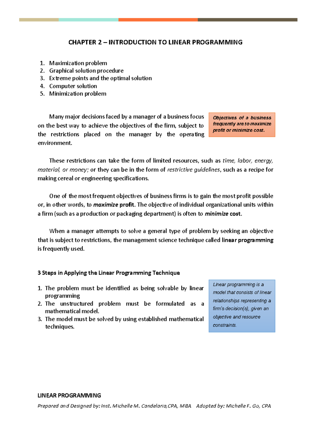 Chapter 2 Introduction to Linear Programming Module - CHAPTER 2 – INTRODUCTION TO LINEAR ...