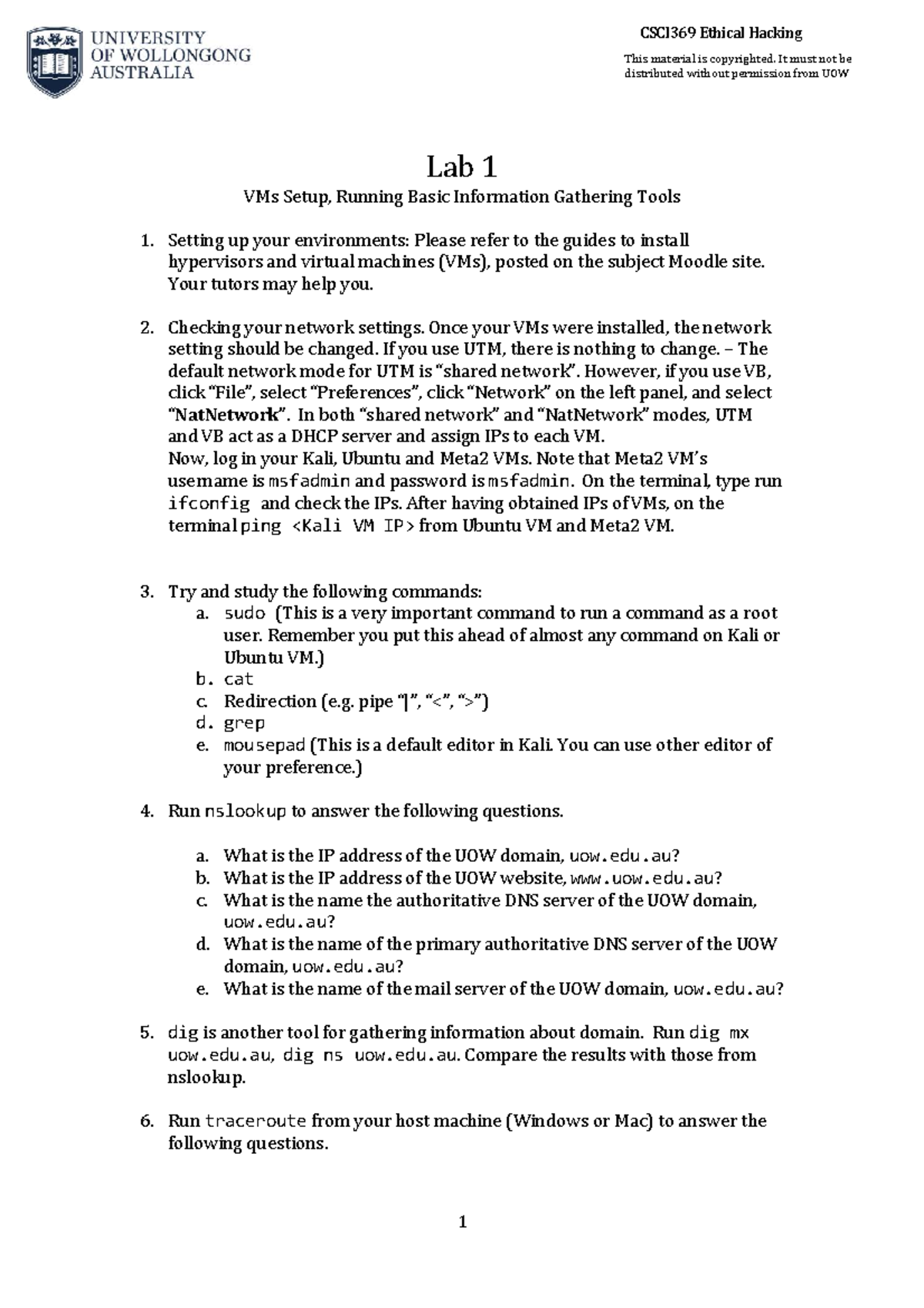 CSCI369 Ethical Hacking Lab 1 - VMs Setup & Info Gathering Tasks - Studocu