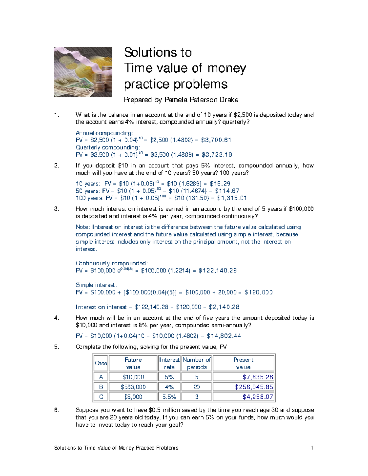 Time Value of Money: Practice Problems with Solution - Solutions to ...
