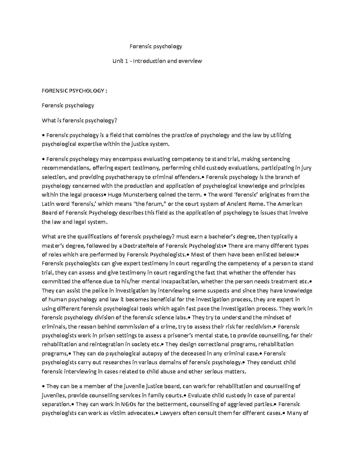 Forensic Psychology Unit 1: Introduction & Overview Lecture Notes - Studocu