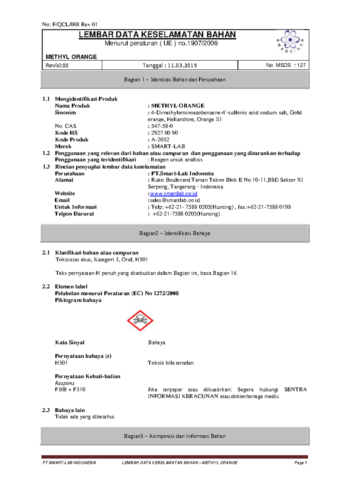 MSDS Methyl Orange (Revisi 00 - Tanggal: 11.03) - Studocu