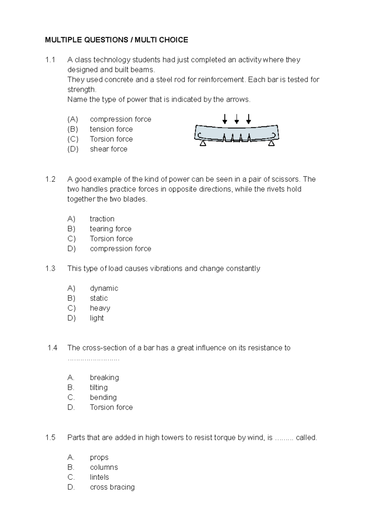 Grade 9 - Structures - Multiple Choice Questions - 4 - MULTIPLE ...