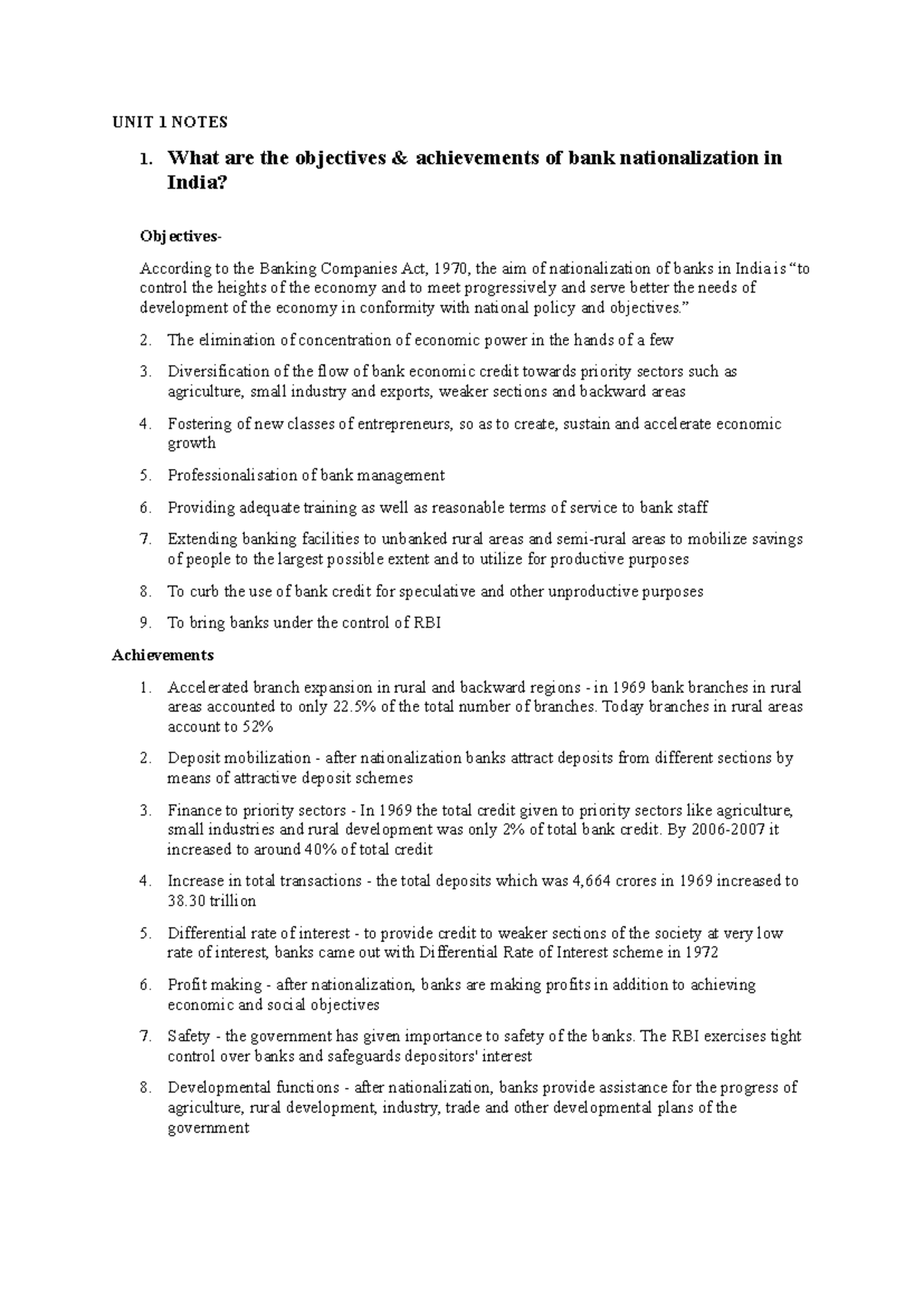 UNIT 1 NOTES: Achievements of Bank Nationalization in India - Studocu