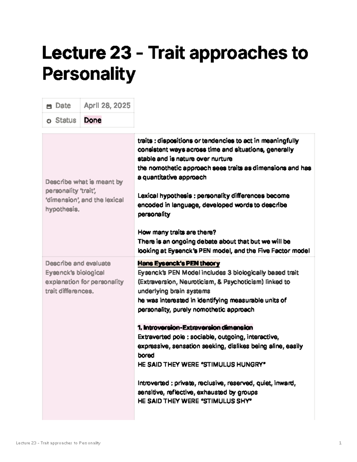 Lecture 23 - Trait Approaches to Personality: PEN & Five Factor Models ...