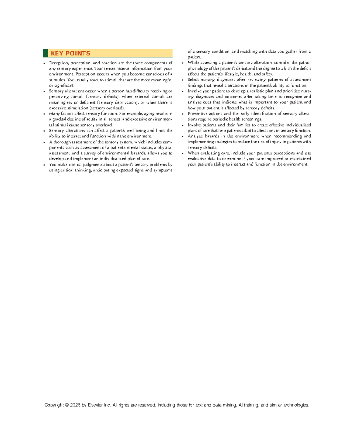 Key Points on Sensory Function & Nursing Care Strategies (NUR 101 ...