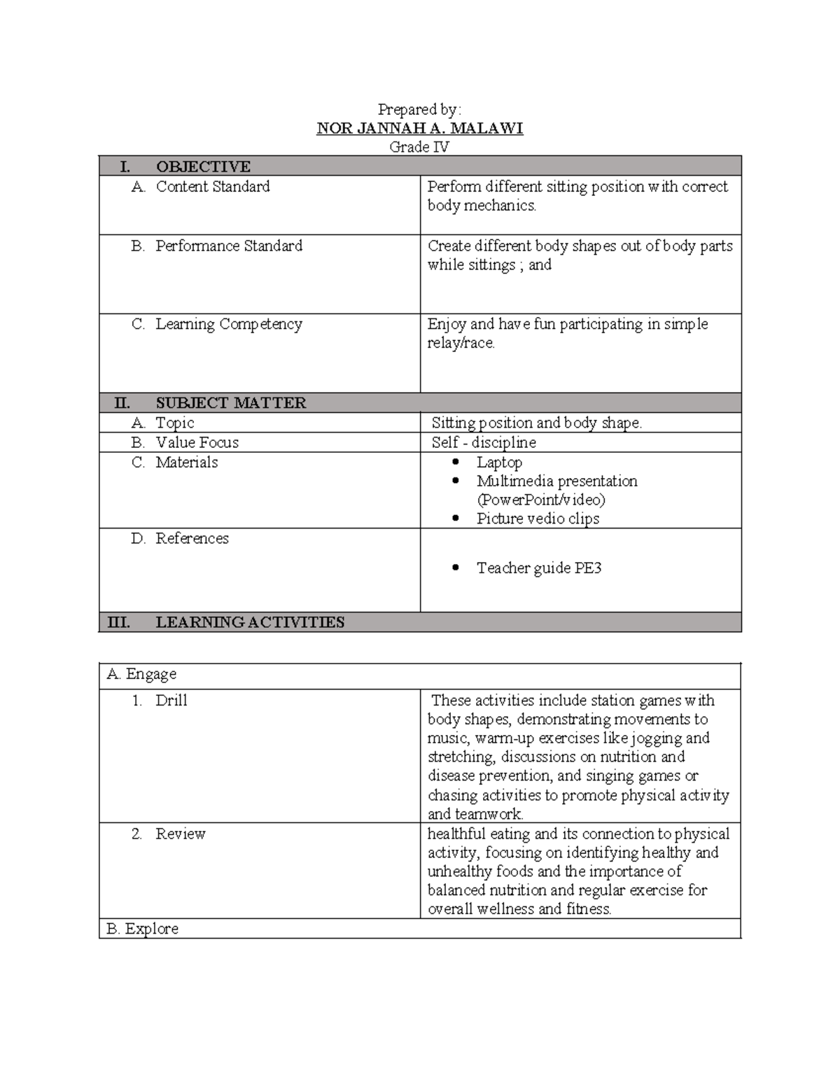 PE3 Grade IV: Sitting Positions & Body Shapes Lesson Plan - Studocu