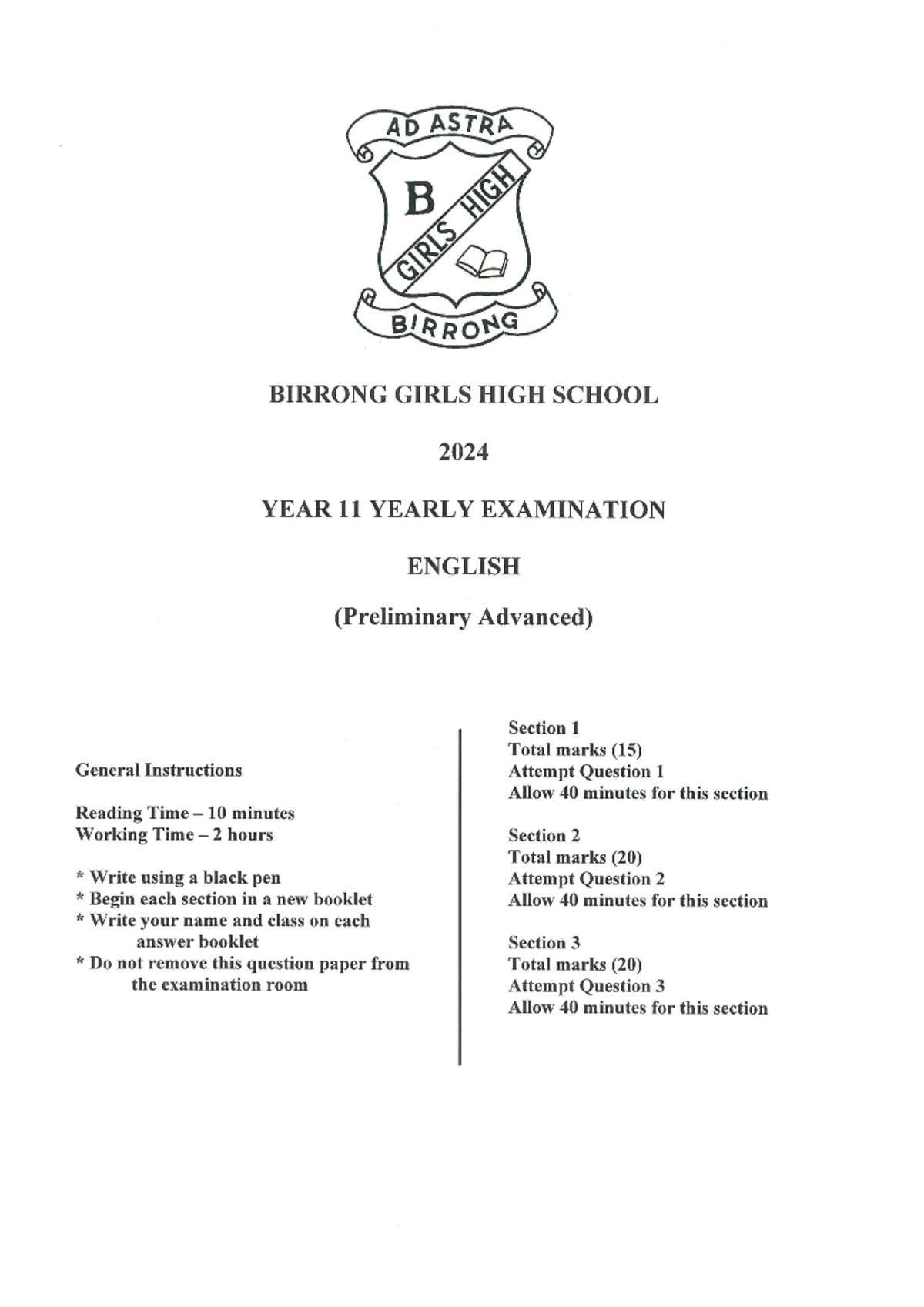 Year 11 English (Preliminary Advanced) 2024 Exam Paper - Birrong High ...