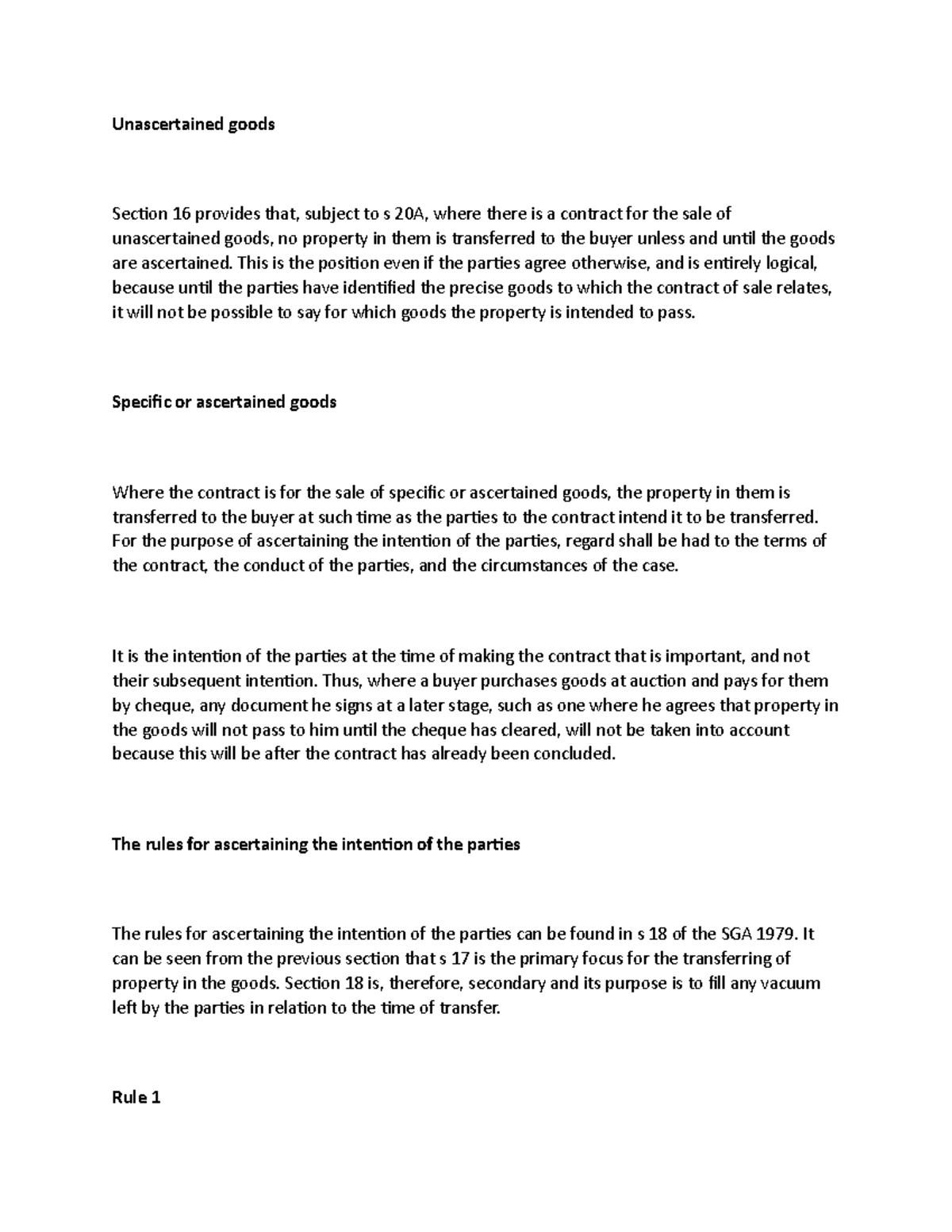 SGA 1979: Understanding Specific and Unascertained Goods - Studocu