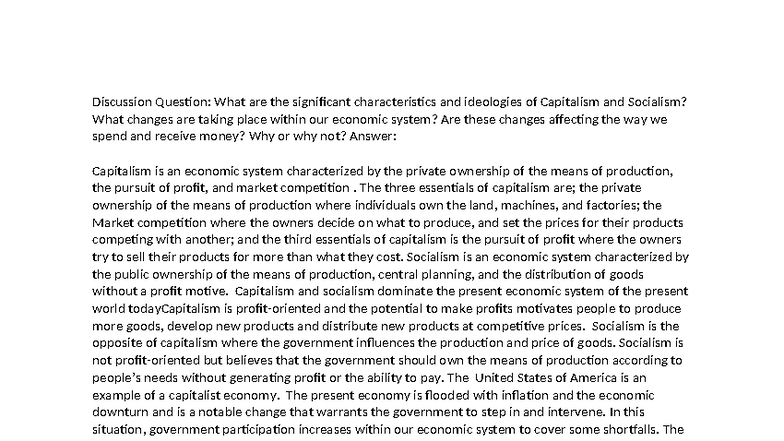 Discussion on Capitalism and Socialism: Key Characteristics and Changes ...