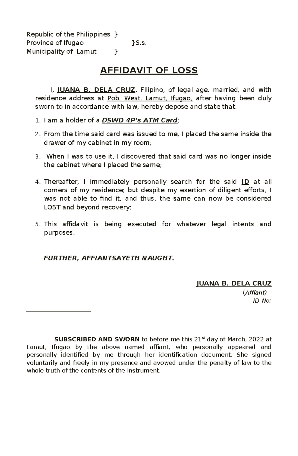 Affidavit of Loss for 4Ps ATM Card - Legal Document - Studocu