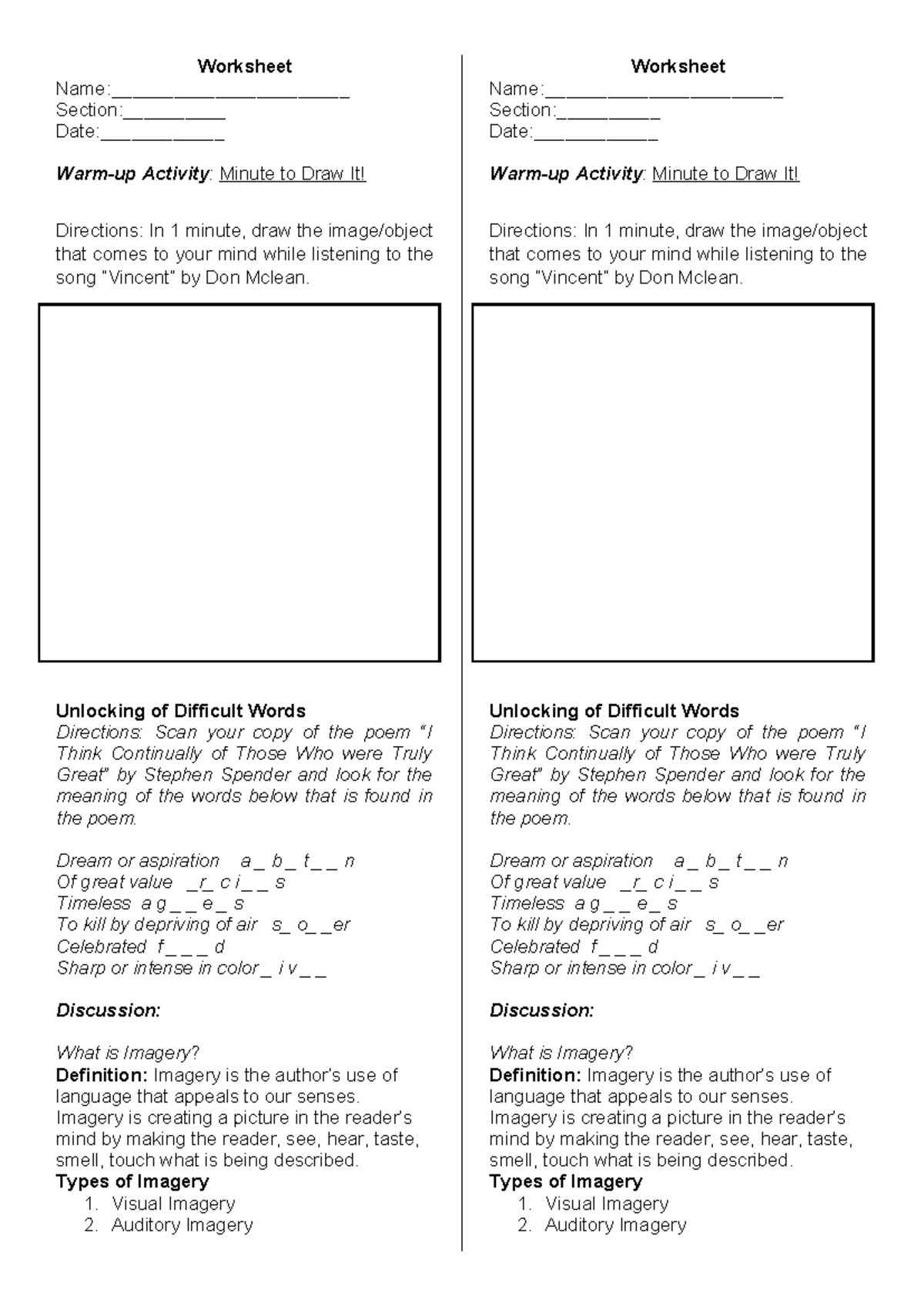 Imagery Worksheet Activity: Exploring Senses and Descriptions - Studocu