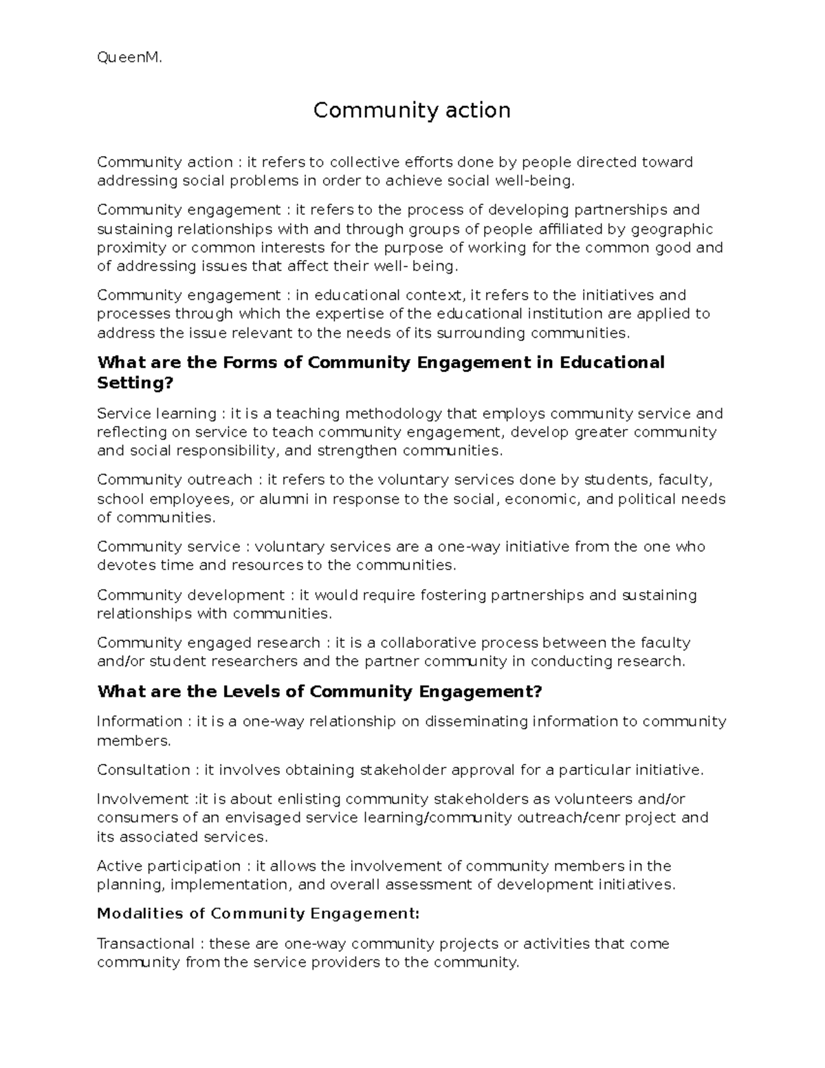 Community action in Community Engagement - QueenM. Community action ...