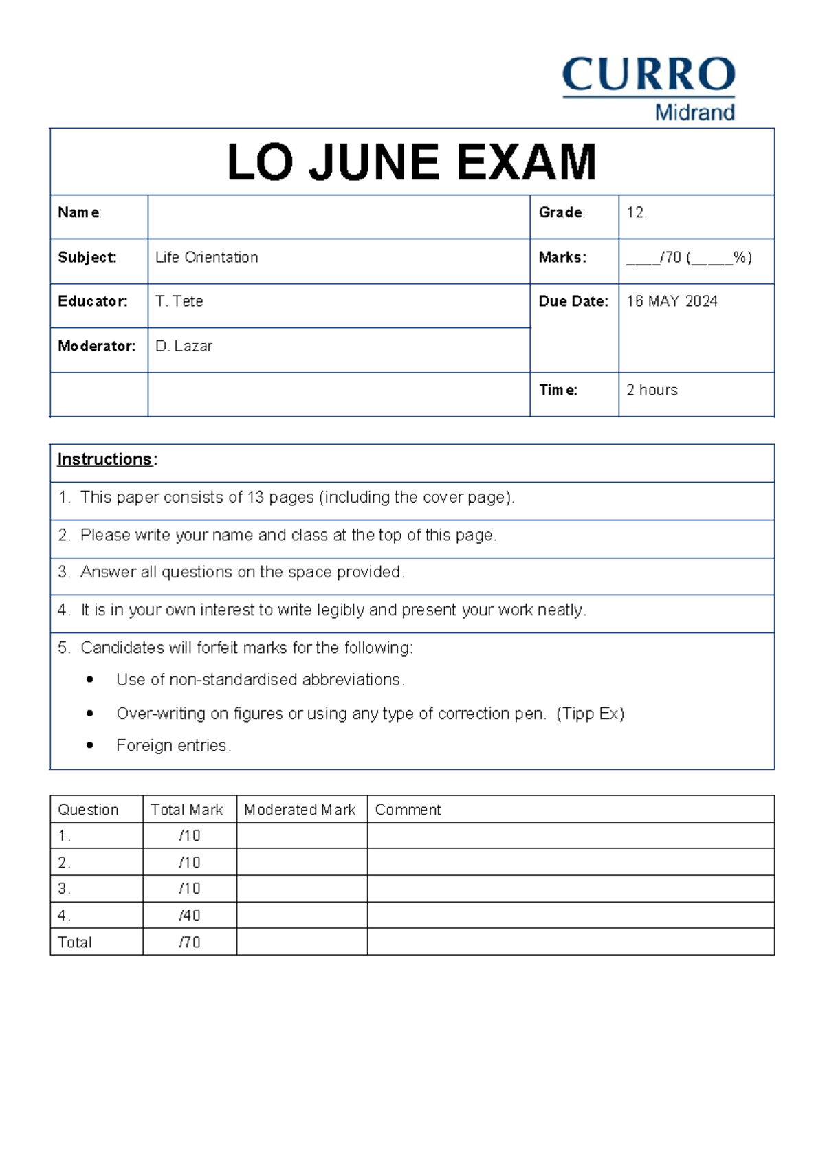 LO 12 June Exam Memo - Past Paper on Life Orientation - Studocu
