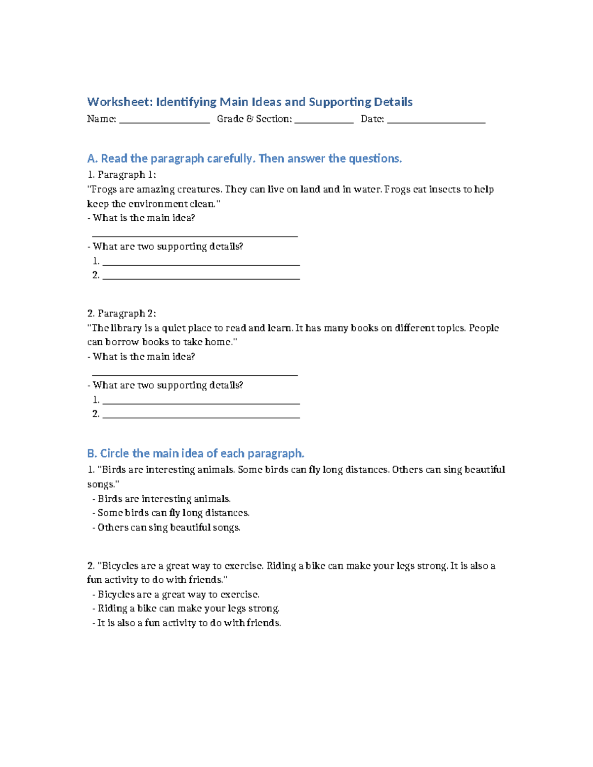 Grade 3 English Worksheet - Worksheet: Identifying Main Ideas and ...