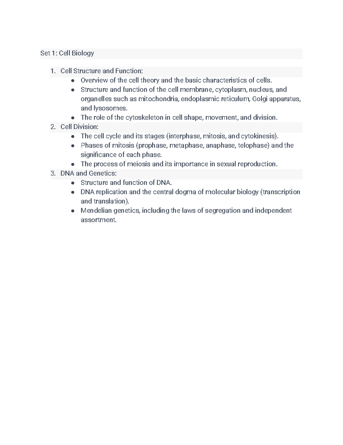 General Bio. Set 1 Cell Biology - Set 1: Cell Biology Cell Structure and Function: Overview of ...