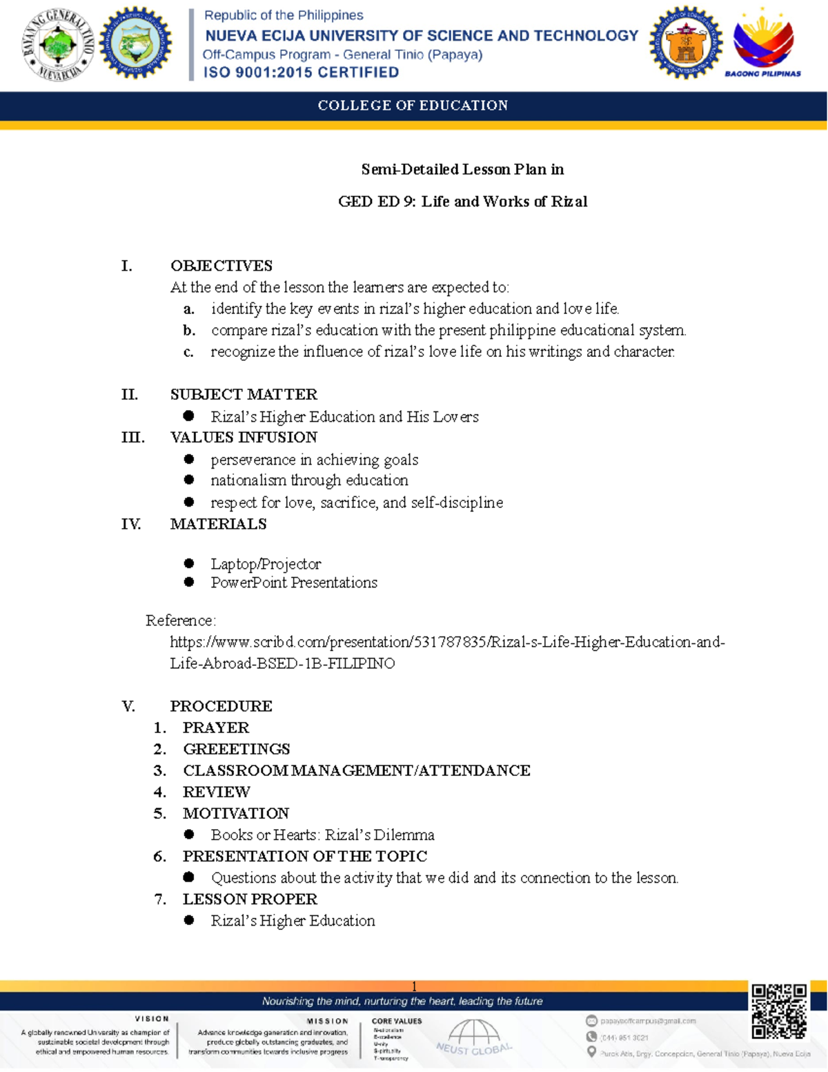 GED ED 9 Lesson Plan: Rizal's Education and Love Life Insights - Studocu