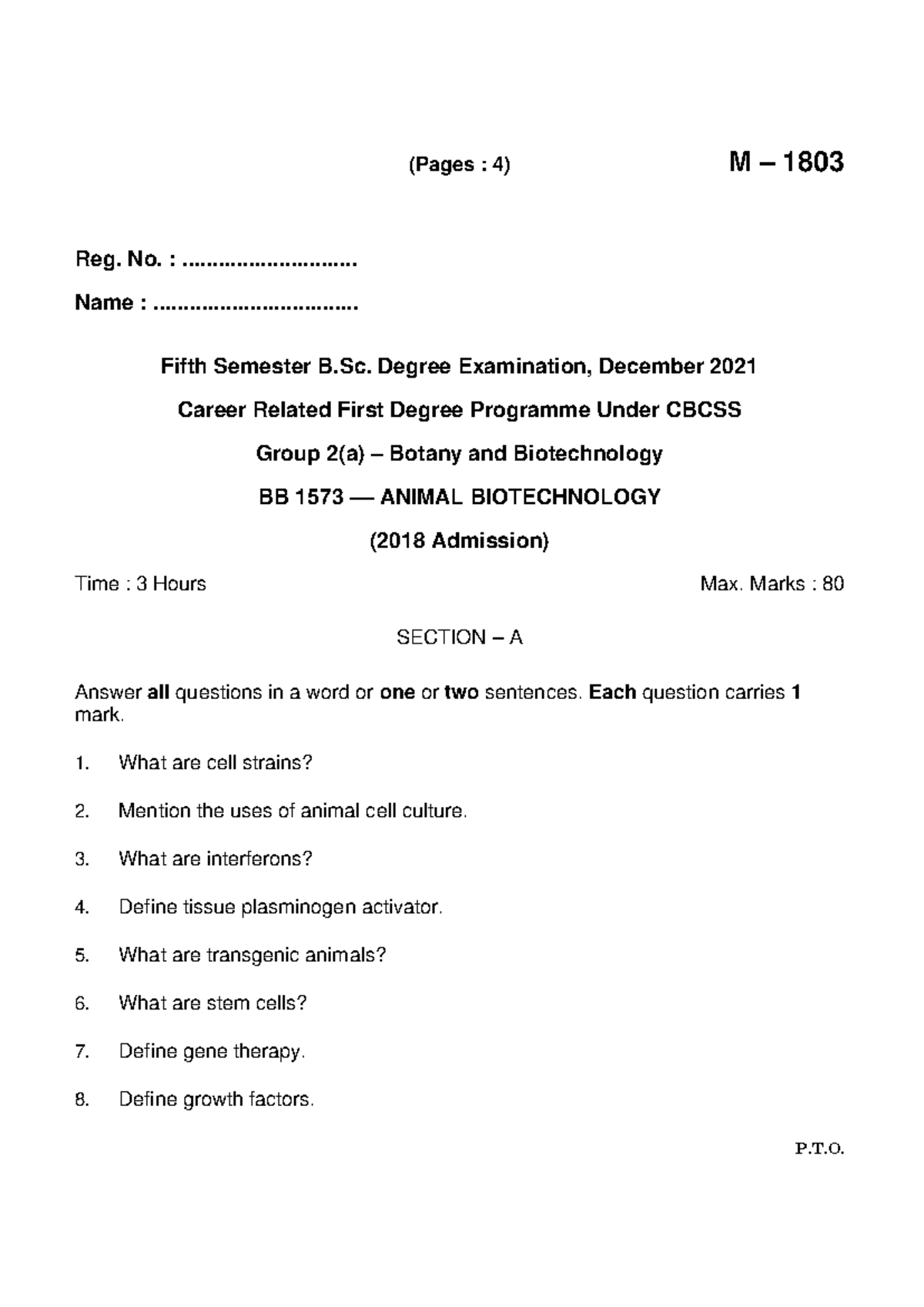 M1803 Animal Biotechnology - Previous Year Question Paper - Studocu