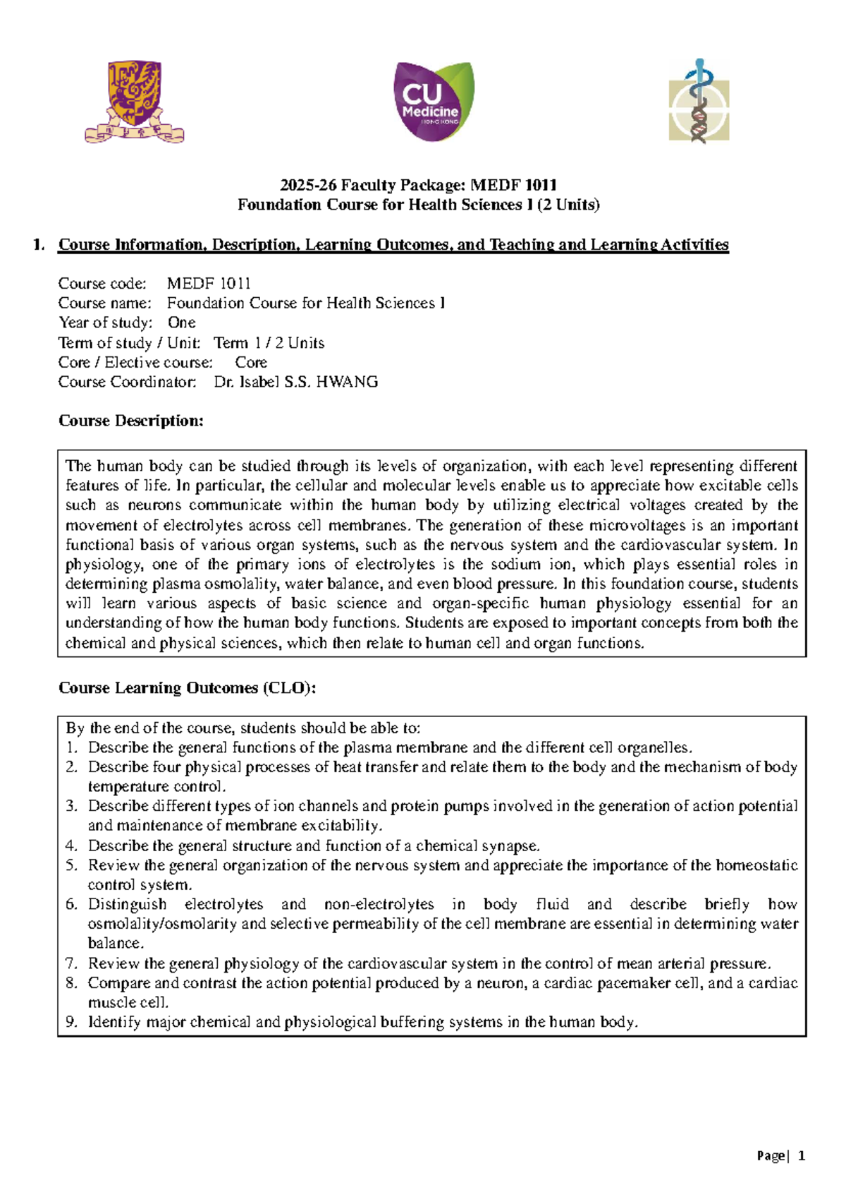 Course Outline: MEDF 1011 Foundation Course for Health Sciences I (2025 ...