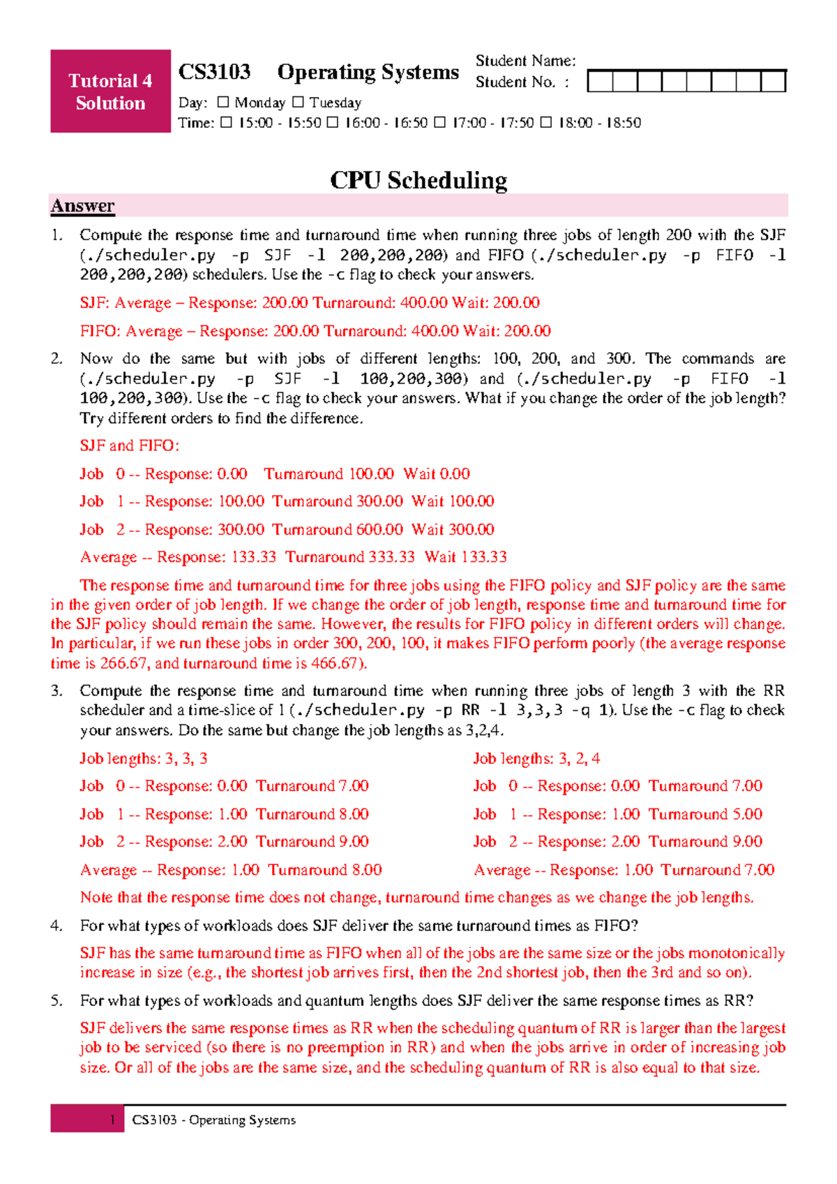 CS3103 tutorial 4 solution: CPU scheduling analysis and results - Studocu