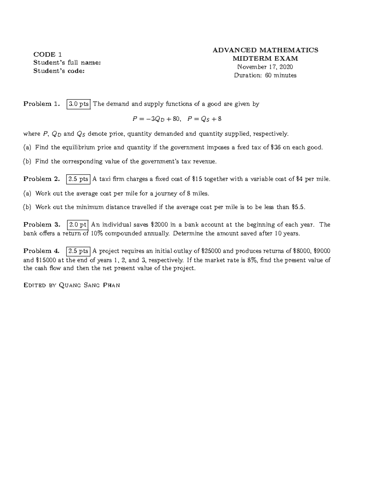 ADVANCED MATHEMATICS MIDTERM EXAM - November 2020 - Studocu