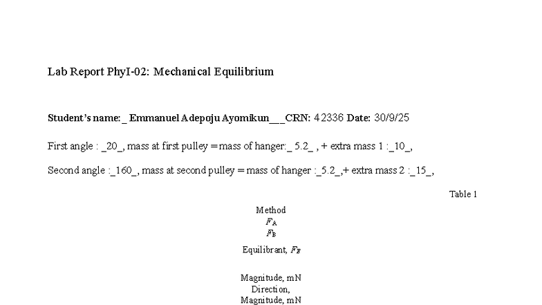 Lab Report: Mechanical Equilibrium Analysis (Course Code: 42336) - Studocu
