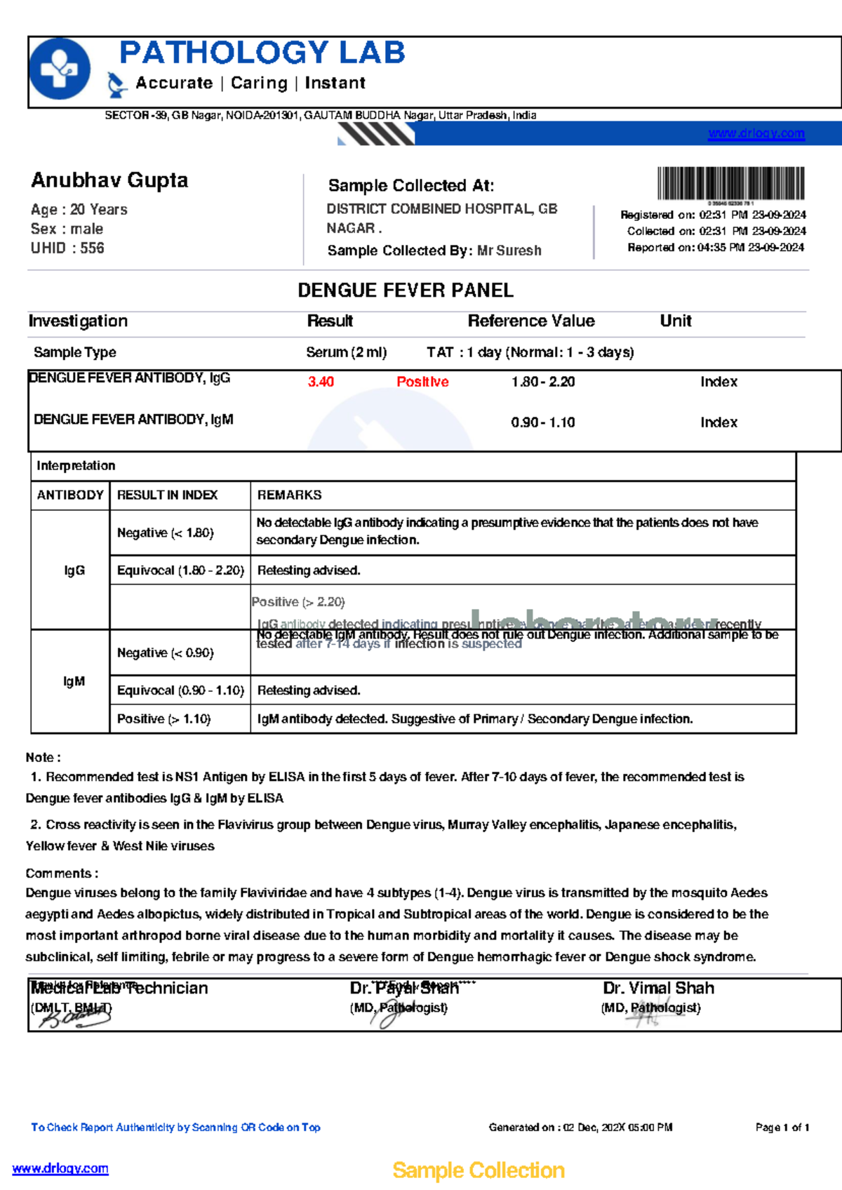 Dengue report - 3EE3RR - DENGUE FEVER ANTIBODY, IgG DENGUE FEVER ...