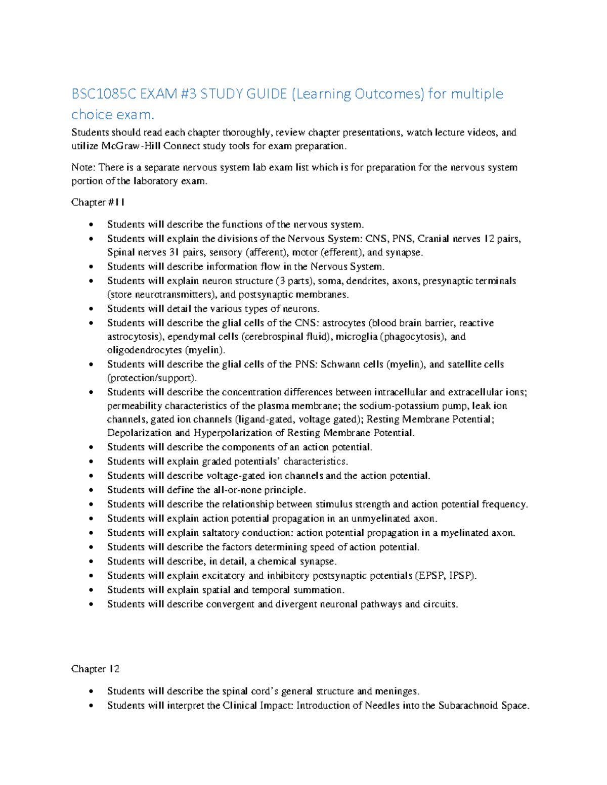 BSC1085C Exam #3 Study Guide: Nervous System Learning Outcomes - Studocu