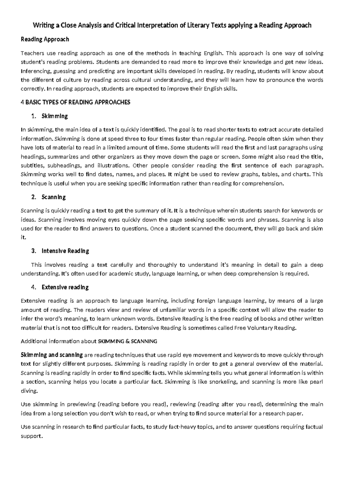 Reading Approaches: Close Analysis & Critical Interpretation - Studocu