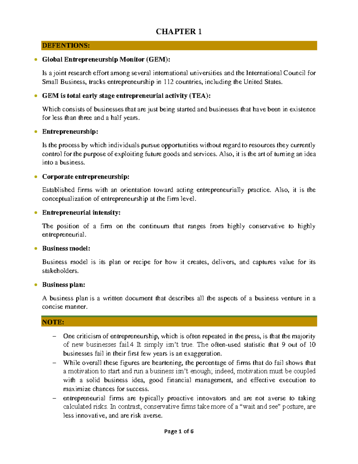 Chapter 1 Notes: Key Definitions in Global Entrepreneurship (GEM) - Studocu