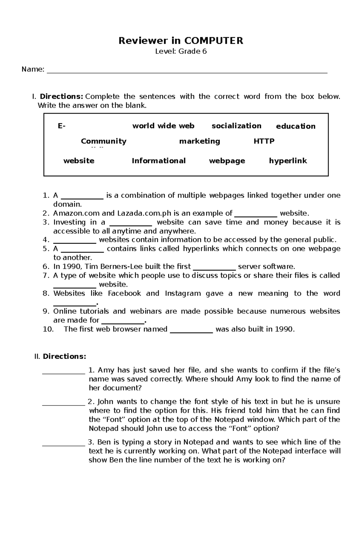 Computer Reviewer - Reviewer in COMPUTER Level: Grade 6 Name: - Studocu