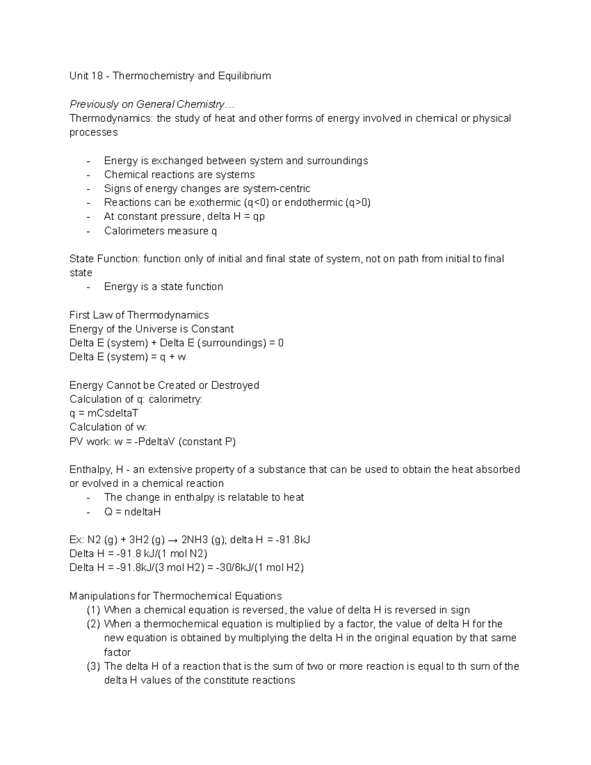 General Chemistry II Unit 18 - Thermochemistry and Equilibrium Notes ...