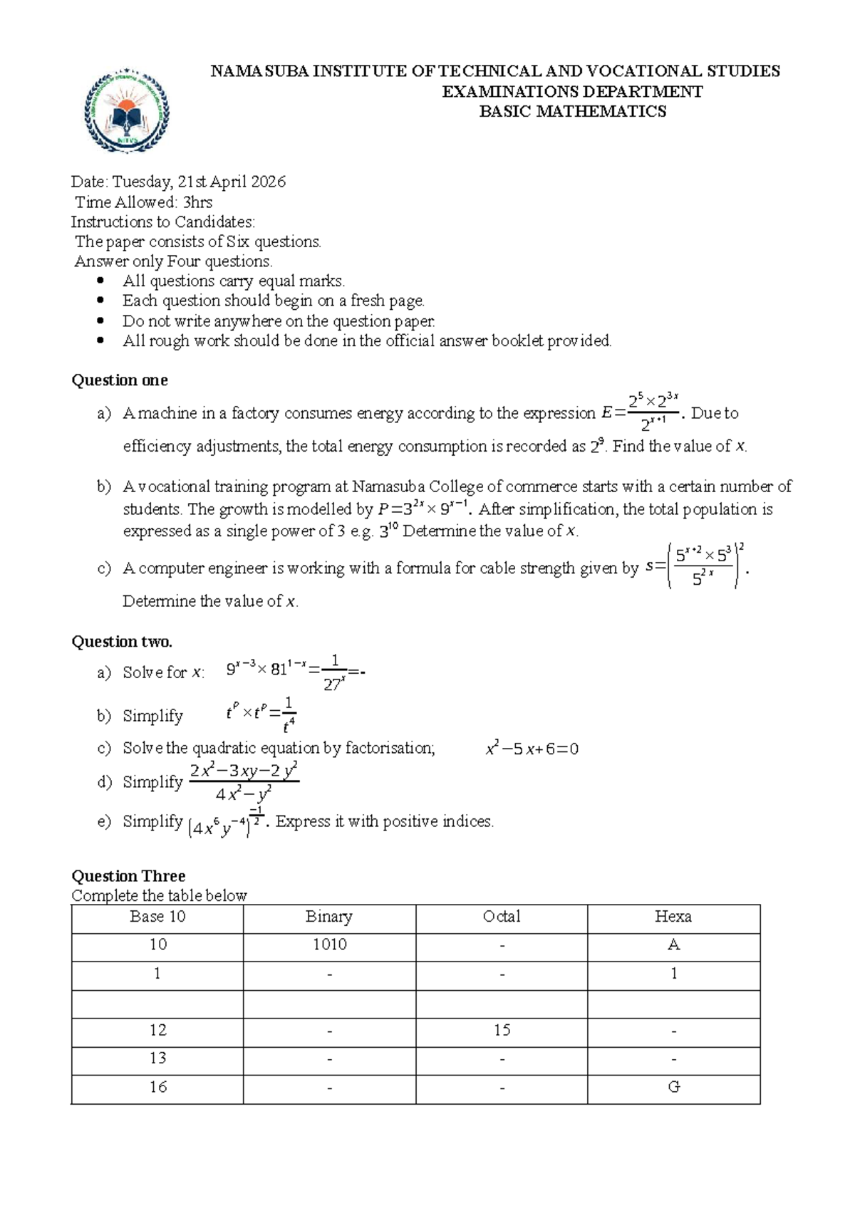Basic Math Exam 2026 - NAMASUBA 5609 - Studocu
