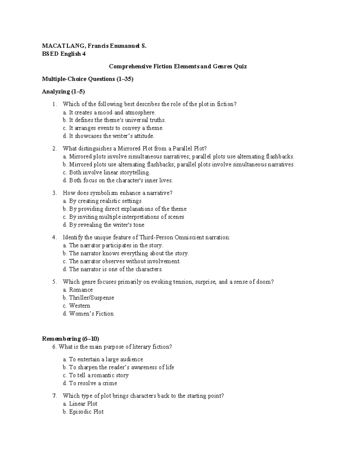 ELT 311 Comprehensive Quiz on Fiction Elements and Genres - Studocu