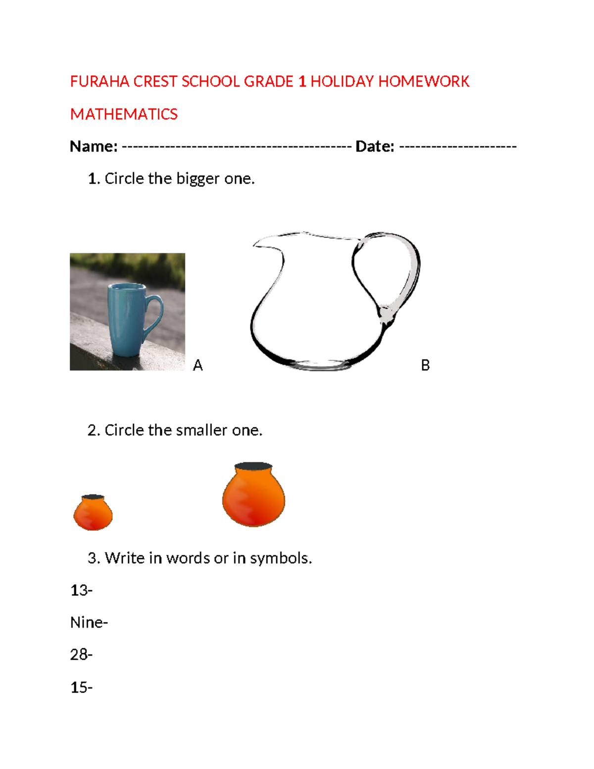 Furaha Crest School Grade 1 Holiday Homework: Mathematics & English ...