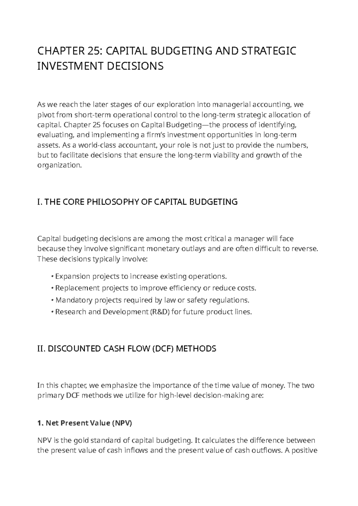 CHAPTER 25: CAPITAL BUDGETING & STRATEGIC INVESTMENT DECISIONS - Studocu