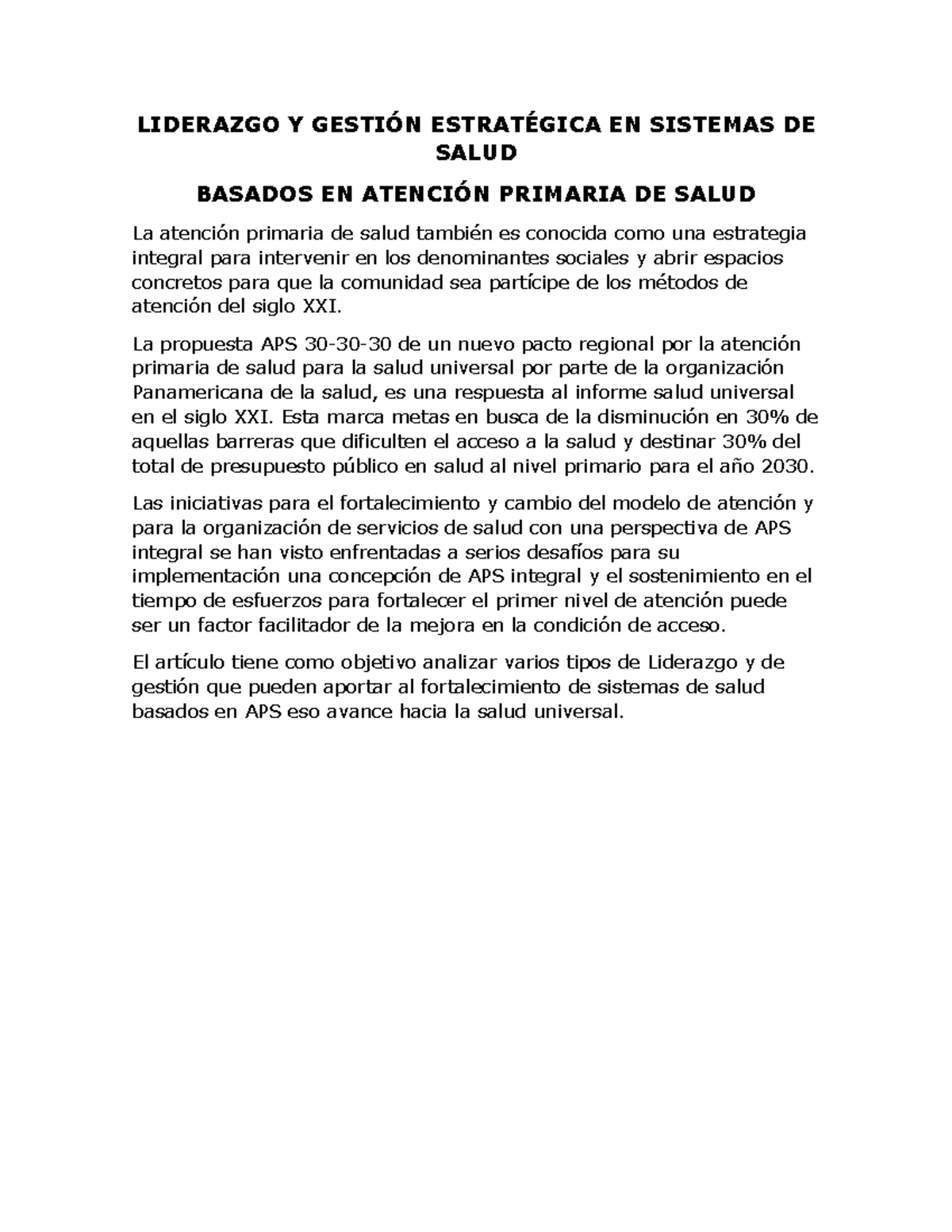 Liderazgo y Gestión Estratégica en Sistemas de Salud APS - Studocu