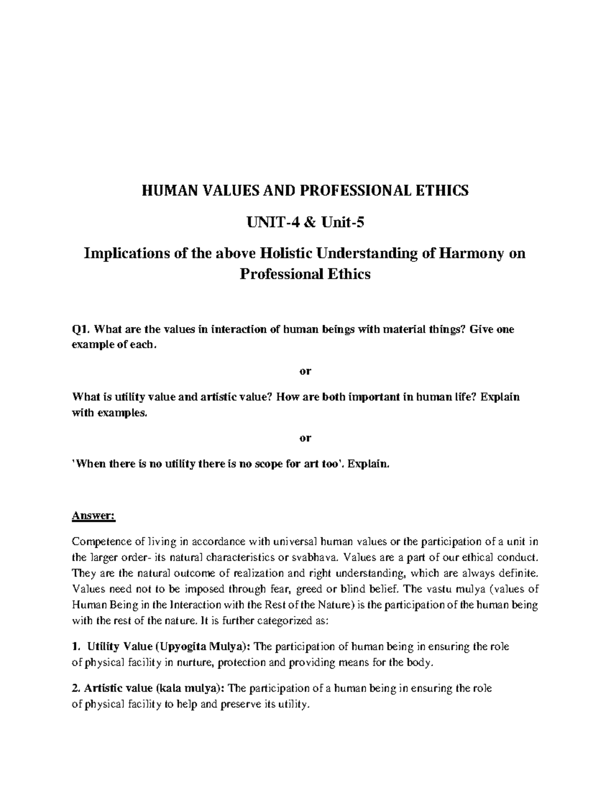 Unit 4 & 5 Notes on Human Values and Professional Ethics - Studocu