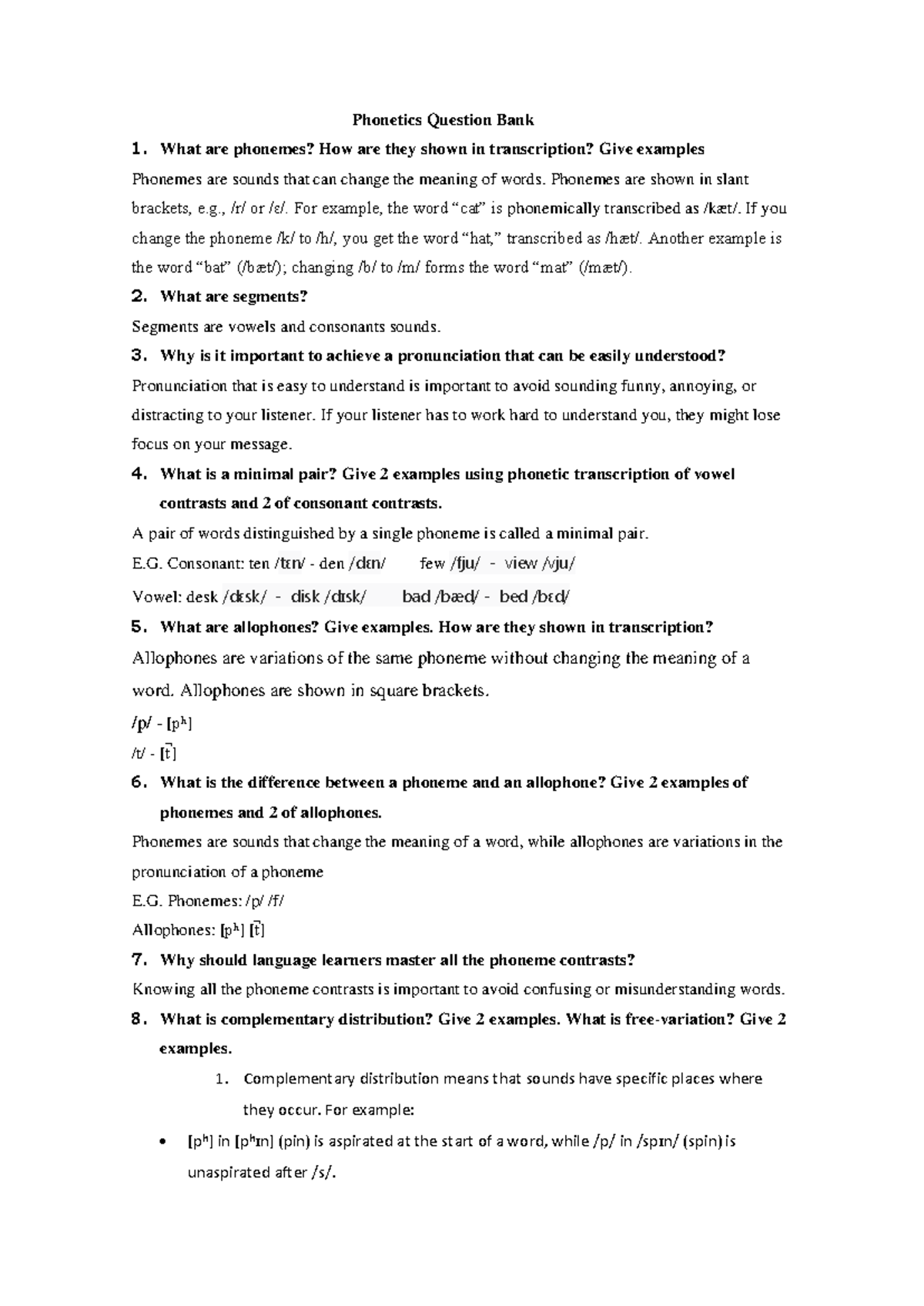Phonetics Questions Bank: Understanding Phonemes and Transcription ...