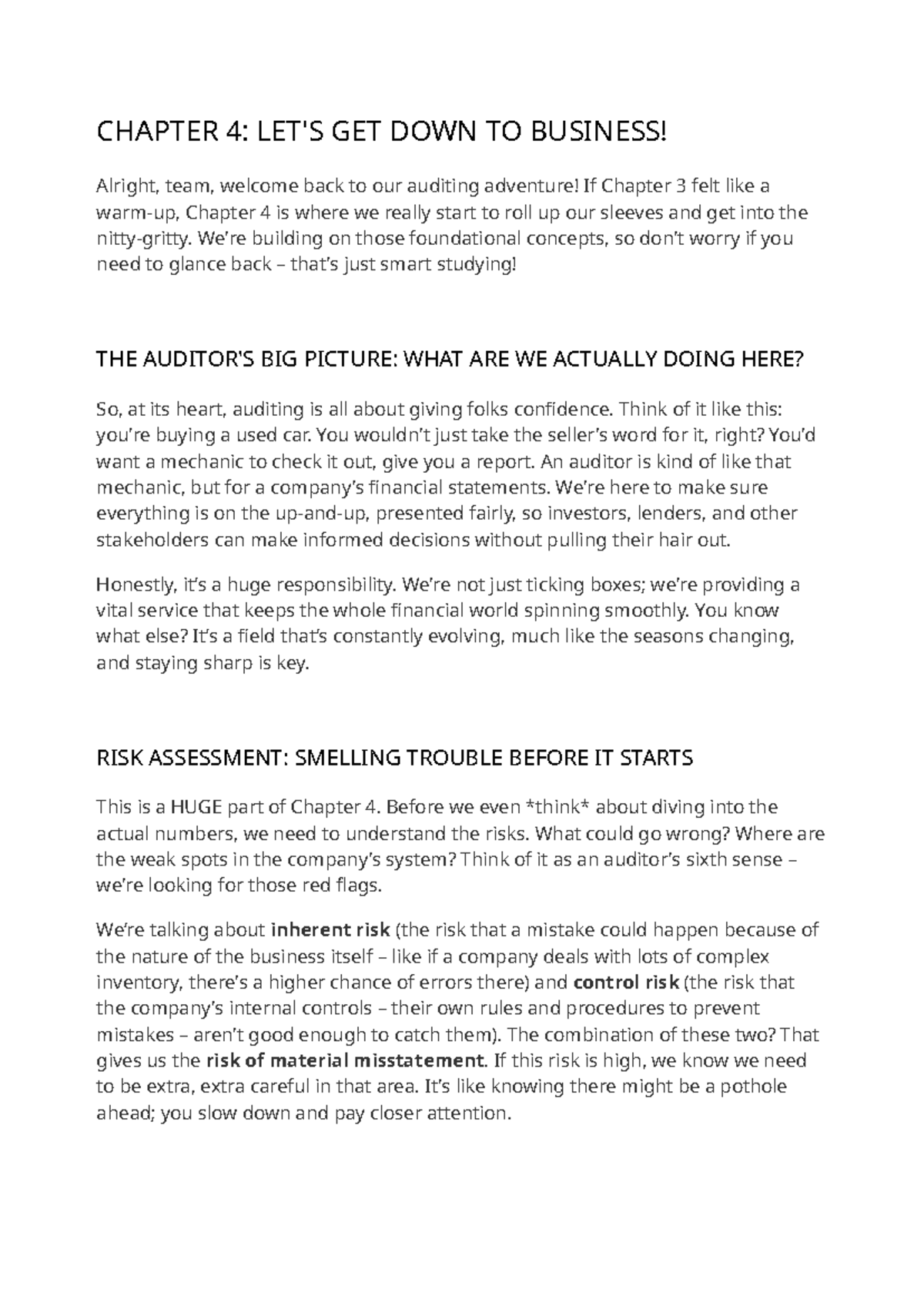 Auditing & Assurance Principles CH4: Risk Assessment & Controls - Studocu