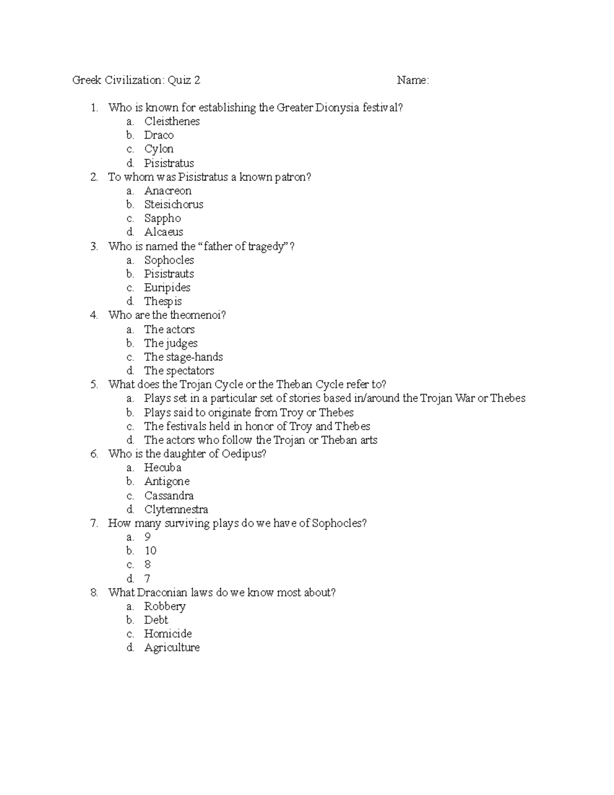 Greek Civilization: Quiz 2 Study Guide and Questions - Studocu