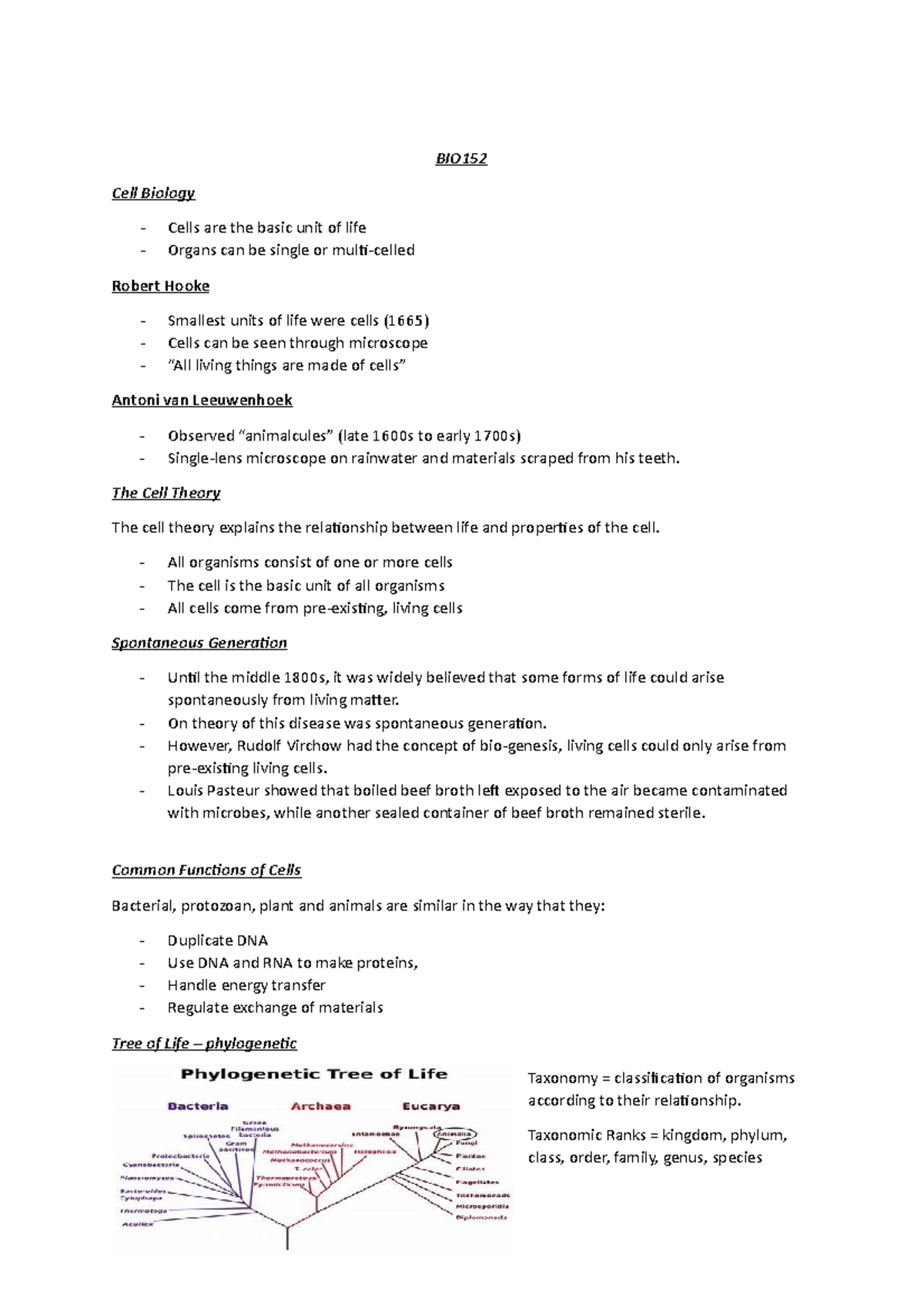 BIO152 Lecture Notes - BIO Cell Biology Cells are the basic unit of ...