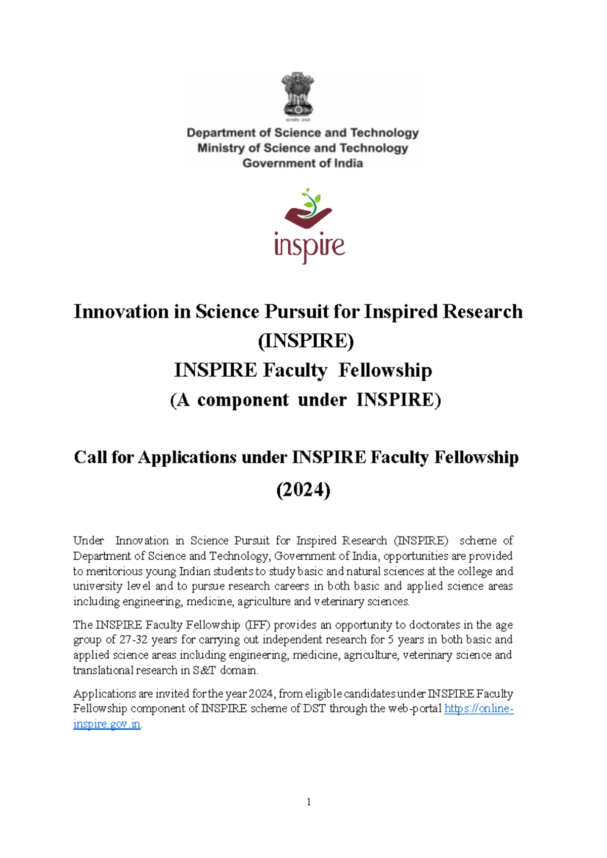 INSPIRE Faculty Fellowship 2024: Call for Applications and Guidelines - Studocu