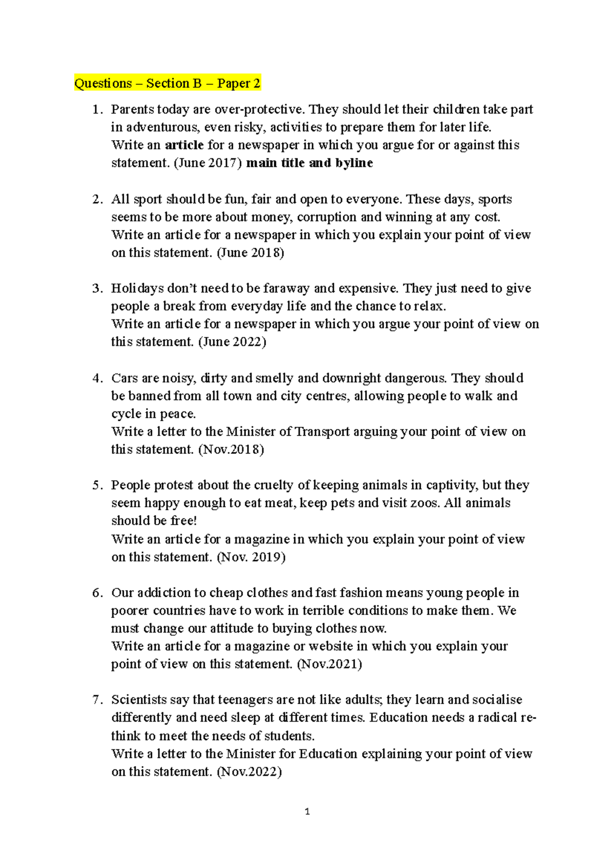 Questions - Paper 2 - Writing Prompts for Articles & Letters - Studocu