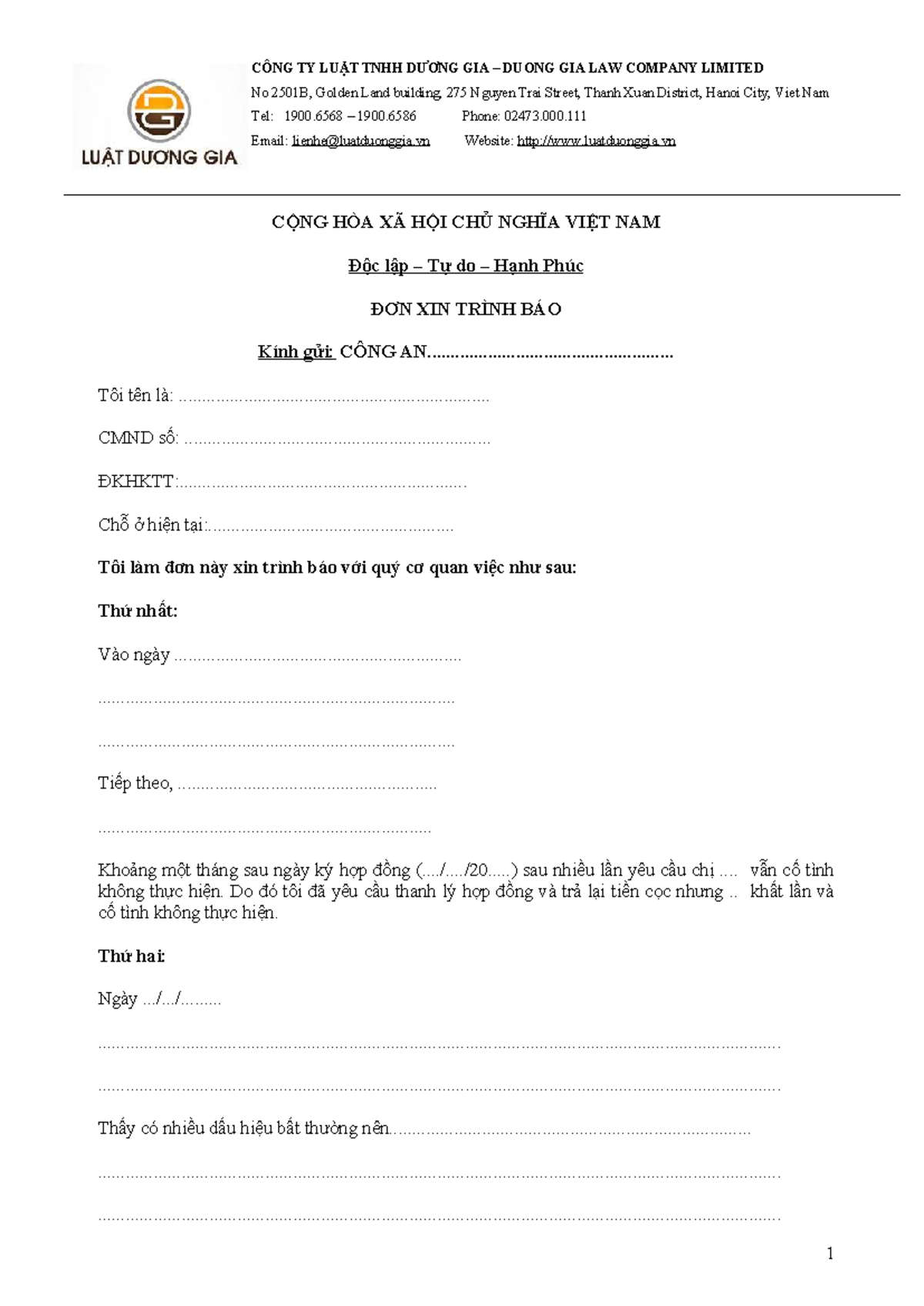 Đơn Xin Trình Báo Vụ Việc - CÔNG TY LUẬT TNHH DƯƠNG GIA - Studocu